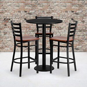 flash furniture clark 30'' round black laminate table set with 3 ladder back metal barstools - cherry wood seat