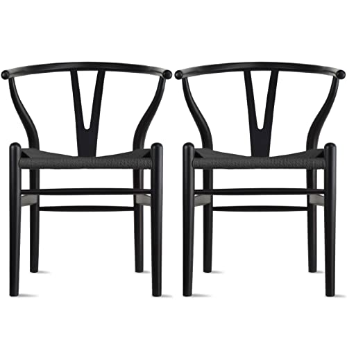 2xhome Set of 2 Wishbone Solid Wood Armchairs with Arms Open Y Back Farmhouse Dining Office Chairs with Woven Black Seat (Black)