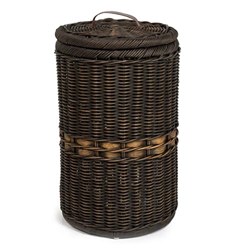 The Basket Lady Tall Wicker Trash Basket with Metal Liner, 15.5 in Dia x 25.5 in H, Antique Walnut Brown