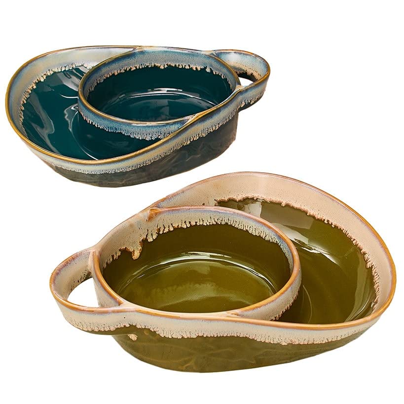 Stoneware Double Bowls for Dips and Soups - Blue and Green - Set of 2