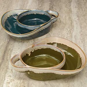 Stoneware Double Bowls for Dips and Soups - Blue and Green - Set of 2