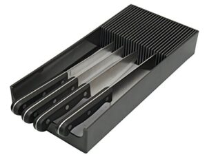 plastic knifedock - in-drawer knife storage for your kitchen. replace your knife block with a revolutionary product. clear your counter top of clutter, and easily identify the desired knife. knifedock