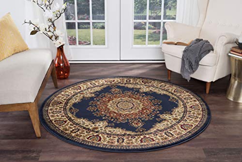 Fiona Traditional Oriental Navy Round Area Rug, 5' Round