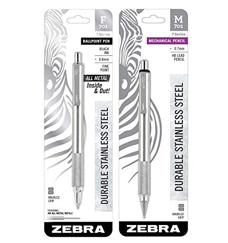 Zebra F-701/M-701 Pen & 0.7 mm Pencil Set, Stainless Steel with Knurled Grip