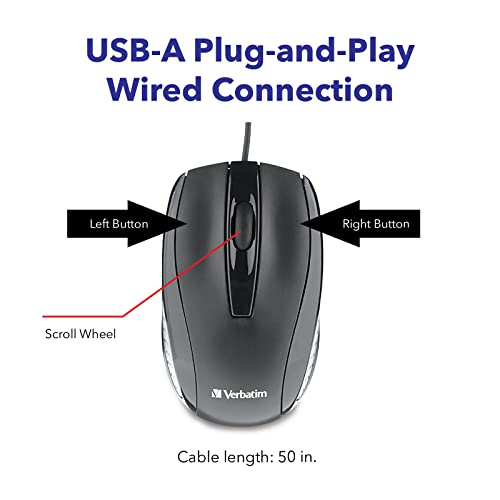 Verbatim Wired USB Computer Mouse - Corded USB Mouse for Laptops and PCs - Right or Left Hand Use, Black 98106