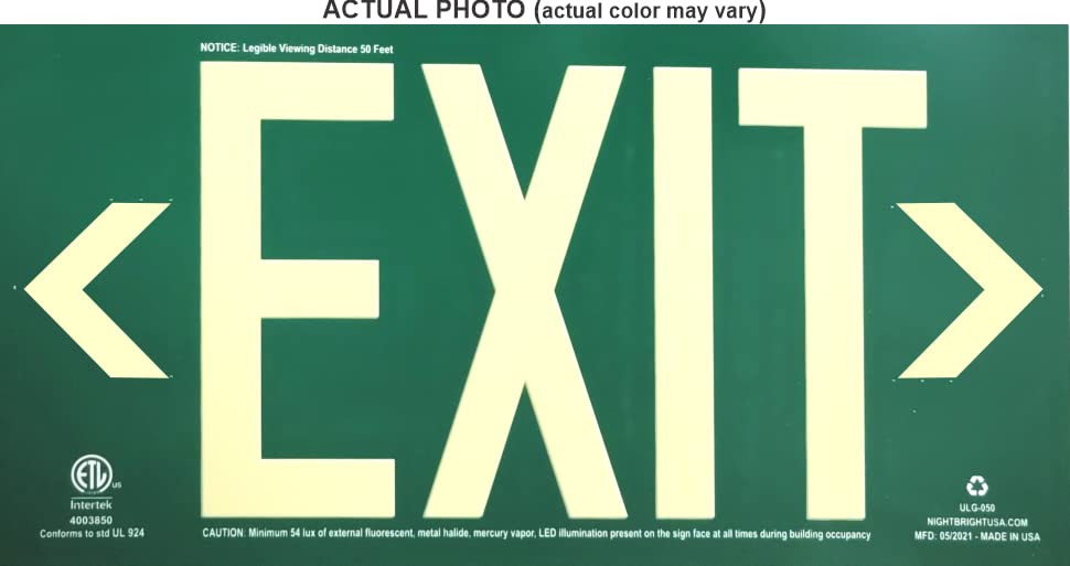 Photoluminescent Exit Sign Green - Aluminum Code Approved UL 924 / IBC / NFPA 101 | NightBright USA Part Number ULG-050