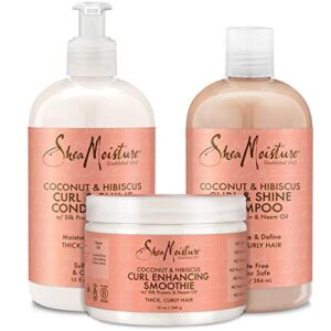 shea moisture shampoo and conditioner set, coconut and hibiscus curl & shine 13-oz ea bundled with curl enhancing smoothie 12-oz. curly hair products with coconut oil, vitamin e & neem oil