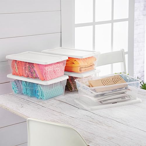 Sterilite 6 Quart Clear Plastic Stackable Storage Container Bin Box Tote with Snap-Close White Lid Organizing Solution for Home & Classroom, 24 Pack