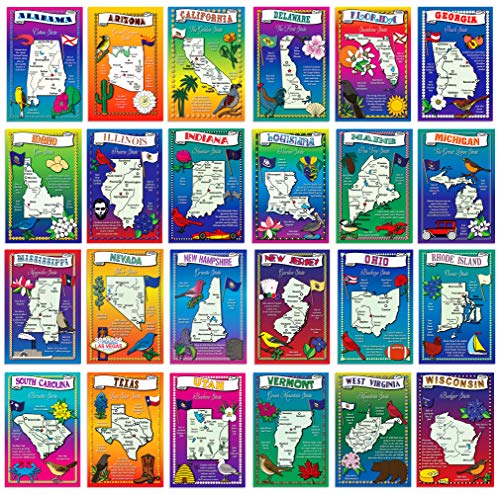 U.S. State Map Postcard Set. 50 modern post card variety pack. Illustrated postcards with maps of all fifty states of the United States of America. Made in USA.