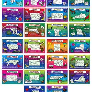 U.S. State Map Postcard Set. 50 modern post card variety pack. Illustrated postcards with maps of all fifty states of the United States of America. Made in USA.