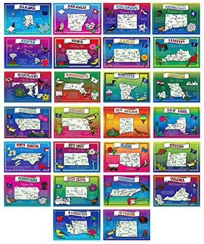 U.S. State Map Postcard Set. 50 modern post card variety pack. Illustrated postcards with maps of all fifty states of the United States of America. Made in USA.