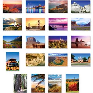 AMERICA THE BEAUTIFUL postcard set of 20. Post card variety pack depicting United States travel sites and American theme postcards. Made in USA.