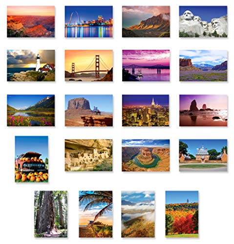 AMERICA THE BEAUTIFUL postcard set of 20. Post card variety pack depicting United States travel sites and American theme postcards. Made in USA.