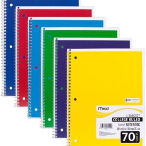 Mead 05512 Spiral Notebook, College Ruled 7.5" x 10.5" 70 Sheets, 1 Subject, 6 Pack, Colors May vary