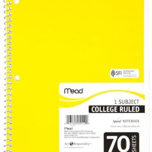 Mead 05512 Spiral Notebook, College Ruled 7.5" x 10.5" 70 Sheets, 1 Subject, 6 Pack, Colors May vary