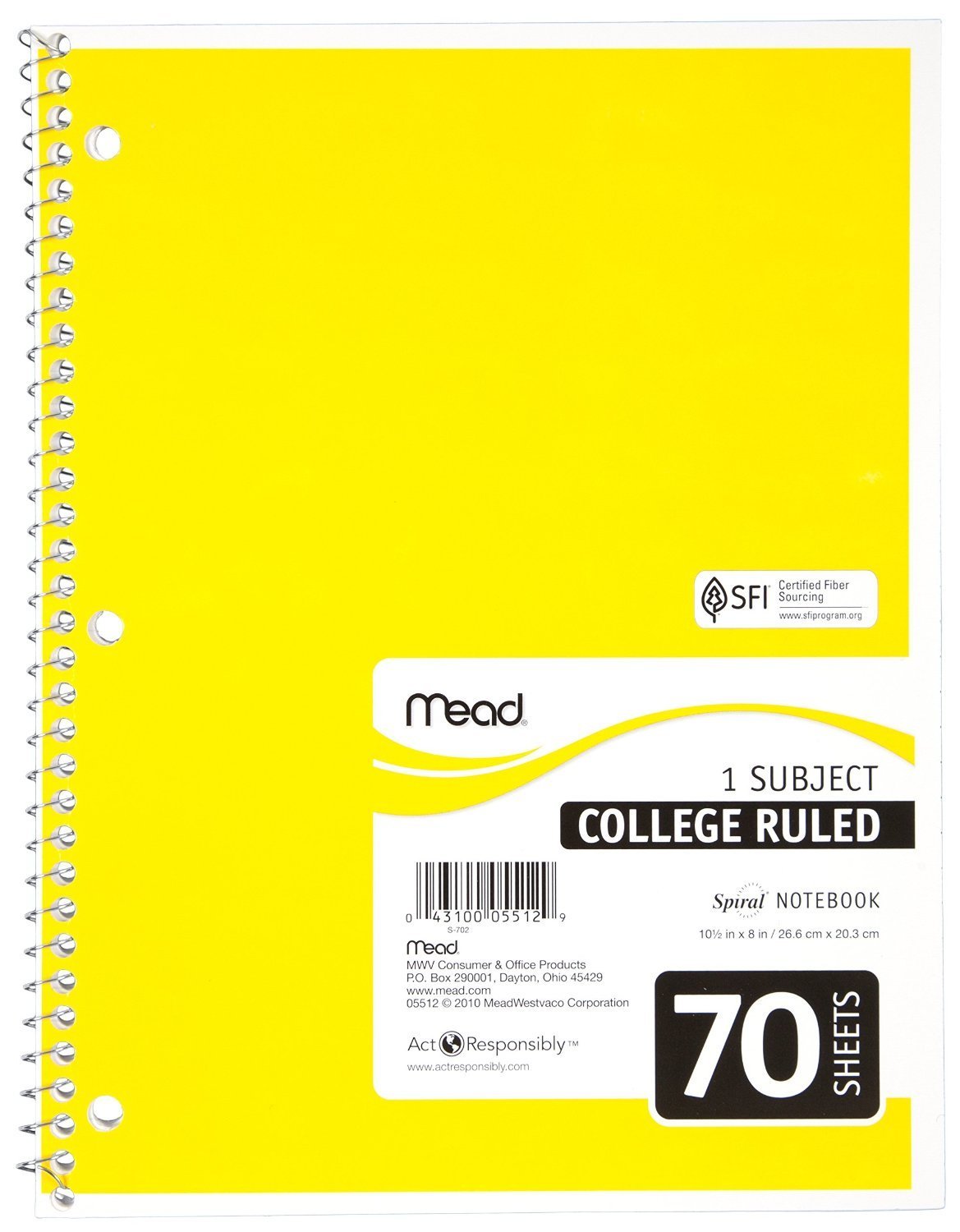 Mead 05512 Spiral Notebook, College Ruled 7.5" x 10.5" 70 Sheets, 1 Subject, 6 Pack, Colors May vary