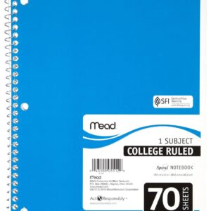 Mead 05512 Spiral Notebook, College Ruled 7.5" x 10.5" 70 Sheets, 1 Subject, 6 Pack, Colors May vary