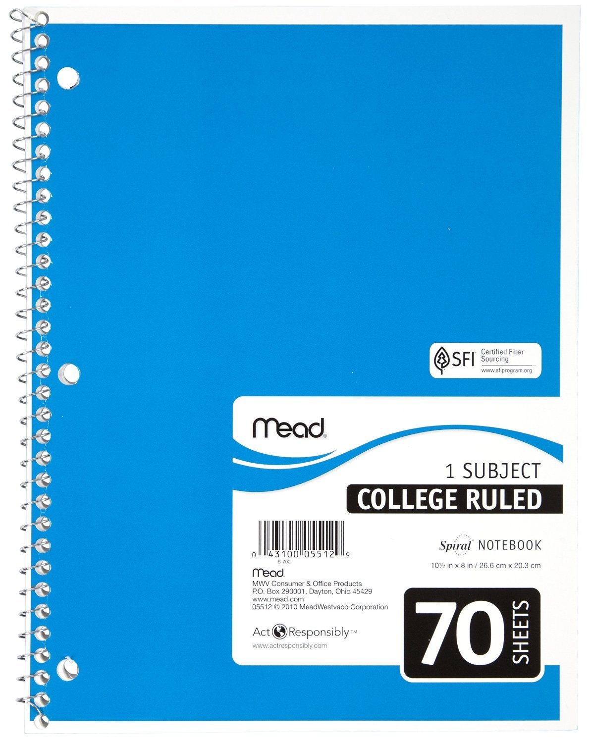 Mead 05512 Spiral Notebook, College Ruled 7.5" x 10.5" 70 Sheets, 1 Subject, 6 Pack, Colors May vary