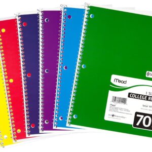 Mead 05512 Spiral Notebook, College Ruled 7.5" x 10.5" 70 Sheets, 1 Subject, 6 Pack, Colors May vary