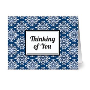 Modern Royal Damask 'Thinking of You' Navy - 24 Cards - Blank Cards w/Grey Envelopes Included