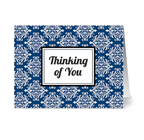 Modern Royal Damask 'Thinking of You' Navy - 24 Cards - Blank Cards w/Grey Envelopes Included