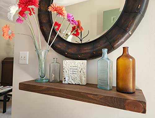 Joel's Antiques Floating Wall Shelf, Solid Pine, Shelving for Bathroom, Kitchen, Living Room, Patented Easy Install, Medium Brown, 30" x 8" x 2"