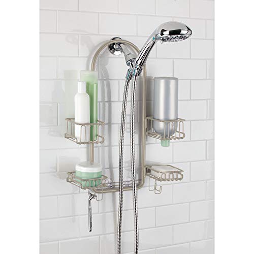 InterDesign Classico Handheld Shower Head Bathroom Caddy – Storage Shelves for Tall Shampoo and Conditioner Bottles, Satin