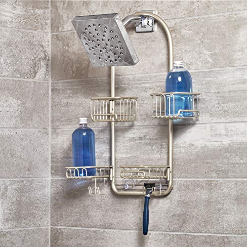 InterDesign Classico Handheld Shower Head Bathroom Caddy – Storage Shelves for Tall Shampoo and Conditioner Bottles, Satin