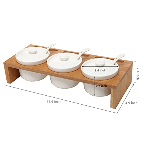 MyGift Wooden Condiment Set, Ceramic Dip Bowls, Sauce Ramekins 3 Piece Set with Lids and Spoons on Bamboo Raised Display Serving Tray