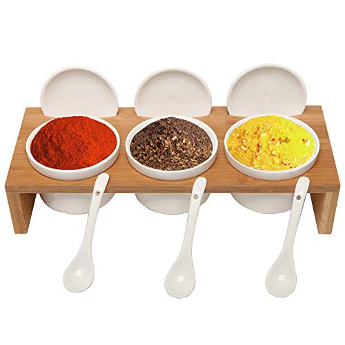 MyGift Wooden Condiment Set, Ceramic Dip Bowls, Sauce Ramekins 3 Piece Set with Lids and Spoons on Bamboo Raised Display Serving Tray