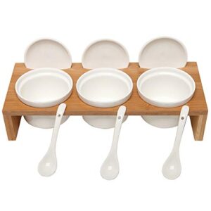 MyGift Wooden Condiment Set, Ceramic Dip Bowls, Sauce Ramekins 3 Piece Set with Lids and Spoons on Bamboo Raised Display Serving Tray