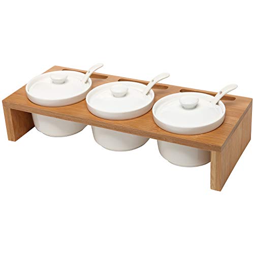 MyGift Wooden Condiment Set, Ceramic Dip Bowls, Sauce Ramekins 3 Piece Set with Lids and Spoons on Bamboo Raised Display Serving Tray