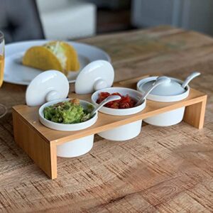 MyGift Wooden Condiment Set, Ceramic Dip Bowls, Sauce Ramekins 3 Piece Set with Lids and Spoons on Bamboo Raised Display Serving Tray