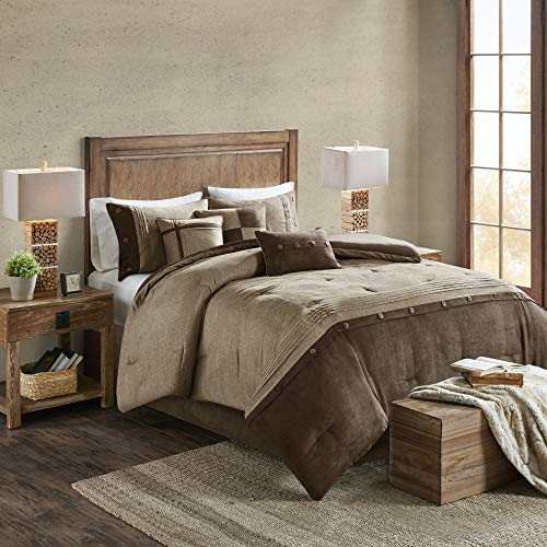 Madison Park Boone Cozy Comforter Set, Faux Suede, Deluxe Hotel Styling All Season Down Alternative Bedding Matching Shams, Decorative Pillow, Queen (90 in x 90 in), Rustic Brown 7 Piece