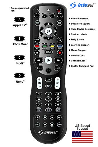 Inteset 4-in-1 Universal Backlit IR Learning Remote for use with Apple TV, Xbox Series X/S, Roku, Media Center/Kodi, Nvidia Shield, Most Streamers & Other A/V Devices