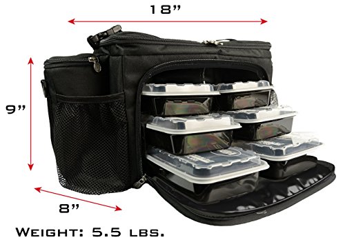 Meal Prep Lunch Box ISOBAG - Large Insulated 6 Meal Prep Bag/Cooler with 12 Containers, 3 Ice Packs & Shoulder Strap (Blackout) - Made in USA