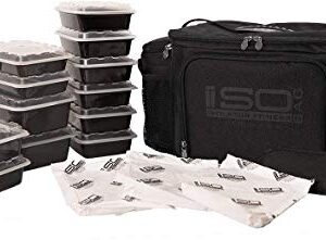 Meal Prep Lunch Box ISOBAG - Large Insulated 6 Meal Prep Bag/Cooler with 12 Containers, 3 Ice Packs & Shoulder Strap (Blackout) - Made in USA