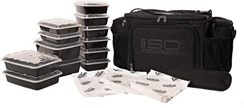 Meal Prep Lunch Box ISOBAG - Large Insulated 6 Meal Prep Bag/Cooler with 12 Containers, 3 Ice Packs & Shoulder Strap (Blackout) - Made in USA