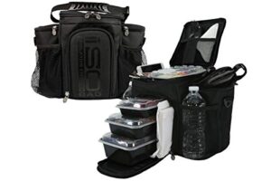 meal prep bag isobag 3 meal insulated lunch bag cooler with 6 stackable meal prep containers, 2 ice pack isobricks, and shoulder strap - made in usa (blackout)