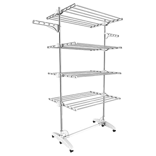 Todeco Laundry Drying Rack, 4 Tier Collapsible Metal Clothes Horses with Two Side Wings, Heavy Duty Clothes Drying Rack Use for Laundry, White