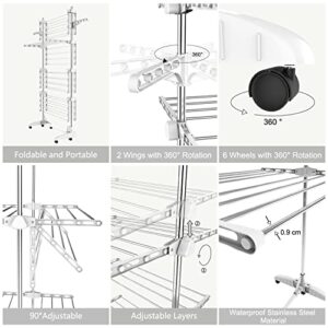 Todeco Laundry Drying Rack, 4 Tier Collapsible Metal Clothes Horses with Two Side Wings, Heavy Duty Clothes Drying Rack Use for Laundry, White