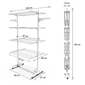 Todeco Laundry Drying Rack, 4 Tier Collapsible Metal Clothes Horses with Two Side Wings, Heavy Duty Clothes Drying Rack Use for Laundry, White