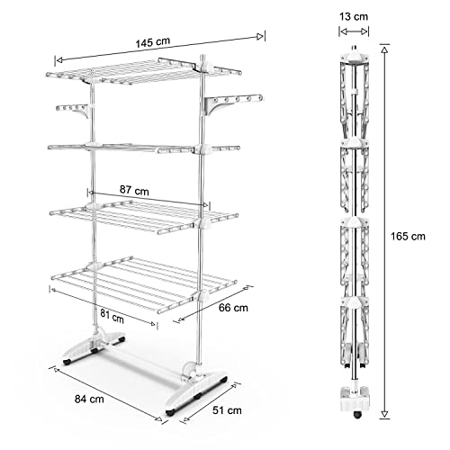 Todeco Laundry Drying Rack, 4 Tier Collapsible Metal Clothes Horses with Two Side Wings, Heavy Duty Clothes Drying Rack Use for Laundry, White