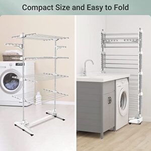 Todeco Laundry Drying Rack, 4 Tier Collapsible Metal Clothes Horses with Two Side Wings, Heavy Duty Clothes Drying Rack Use for Laundry, White