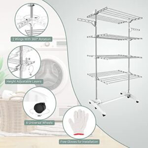 Todeco Laundry Drying Rack, 4 Tier Collapsible Metal Clothes Horses with Two Side Wings, Heavy Duty Clothes Drying Rack Use for Laundry, White