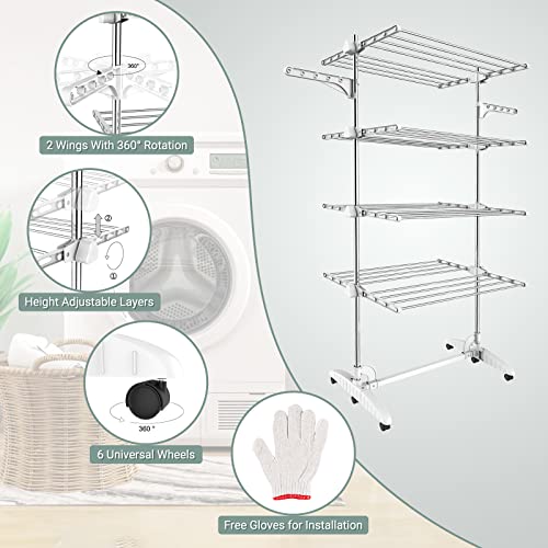 Todeco Laundry Drying Rack, 4 Tier Collapsible Metal Clothes Horses with Two Side Wings, Heavy Duty Clothes Drying Rack Use for Laundry, White