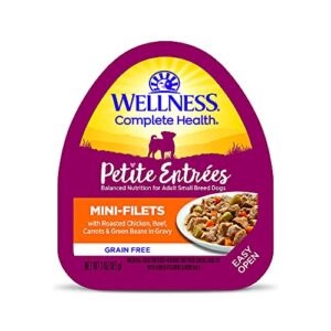 wellness petite entrees mini fillets natural wet small breed dog food, roasted chicken, beef, carrots & green beans, 3-ounce cup (pack of 24)