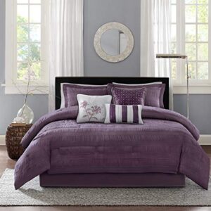 madison park hampton luxe comforter set-modern stitching design all season down alternative cozy bedding with matching shams, decorative pillow, queen (90 in x 90 in), plum 7 piece