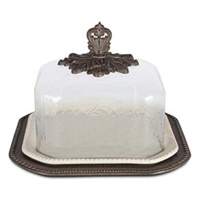 gg collection 17-inch cream ceramic pastry keeper with glass dome and acanthus leaf metal base