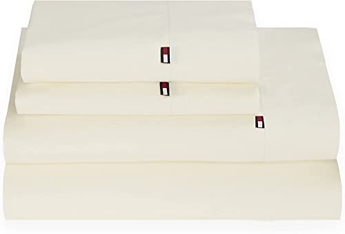 Tommy Hilfiger Signature Solid Sheeting 200 TC Set of 4 Sheet Set - 1 Flat Sheet , 1 Fitted Sheet & 2 Pillowcases, Queen Size, 100% Cotton (Marsh Mellow)